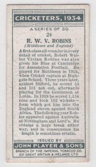 CRICKET - John Player & Sons 1934 Cricketers - #24 Walter Robins ...