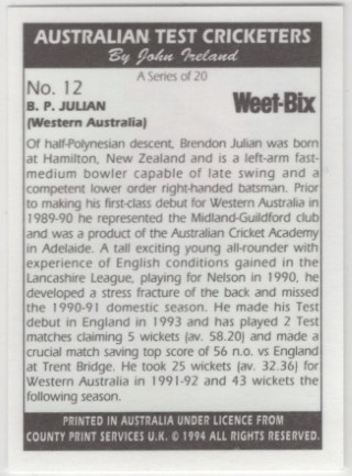 1994 Weet Bix - Australian Test Cricketers - #12 Brendon Julian - Australia