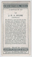 CRICKET - John Player & Sons 1934 Cricketers - #13 Joe Hulme - Middlesex